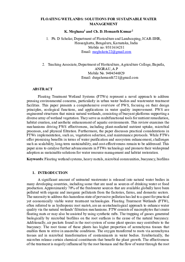 (PDF) FLOATING WETLANDS: SOLUTIONS FOR SUSTAINABLE WATER MANAGEMENT