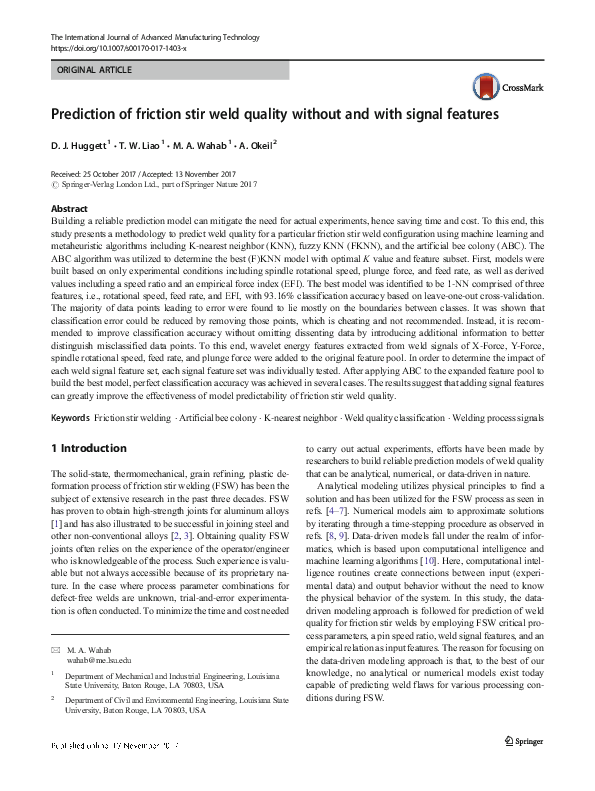 (PDF) Prediction of friction stir weld quality without and with signal features