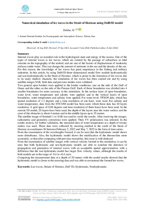 Pdf Numerical Simulation Of Lee Waves In The Strait Of Hormuz Using Delft3d Model