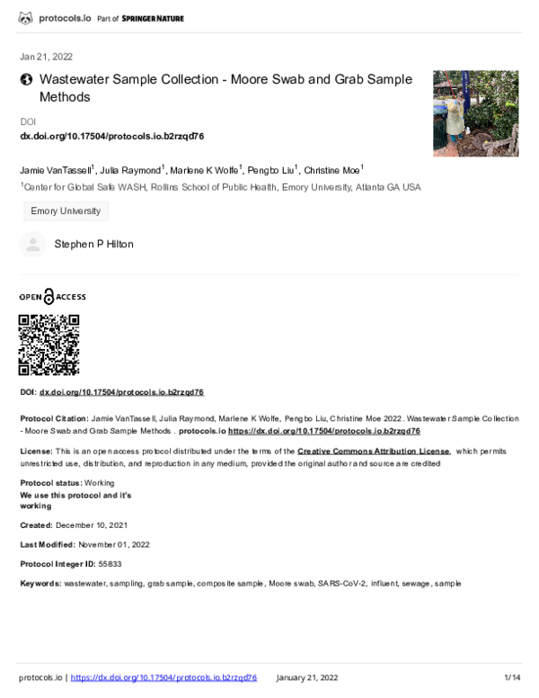 (PDF) Wastewater Sample Collection - Moore Swab and Grab Sample Methods v1