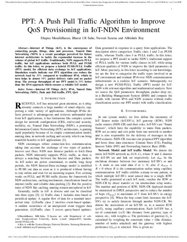 (PDF) PPT: A Push Pull Traffic Algorithm to Improve QoS Provisioning in IoT-NDN Environment