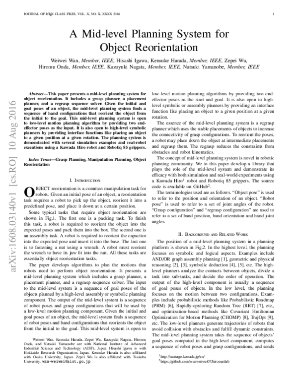 (PDF) Mid-level Planning for Object Reorientation and Grasping