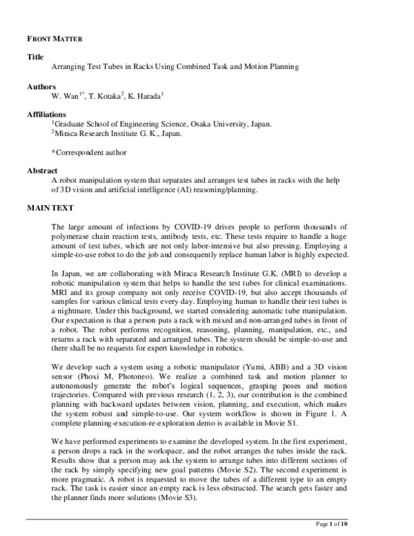 (PDF) Arranging test tubes in racks using combined task and motion planning