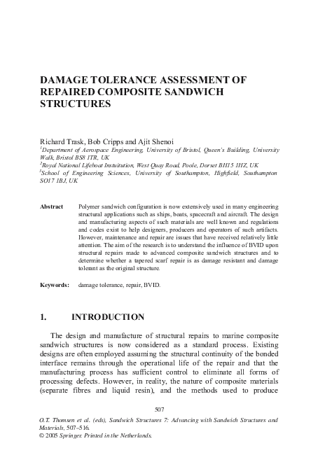 (PDF) Damage Tolerance Assessment of Repaired Composite Sandwich ...