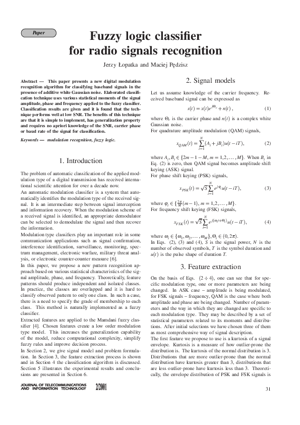 (PDF) Fuzzy logic classifier for radio signals recognition