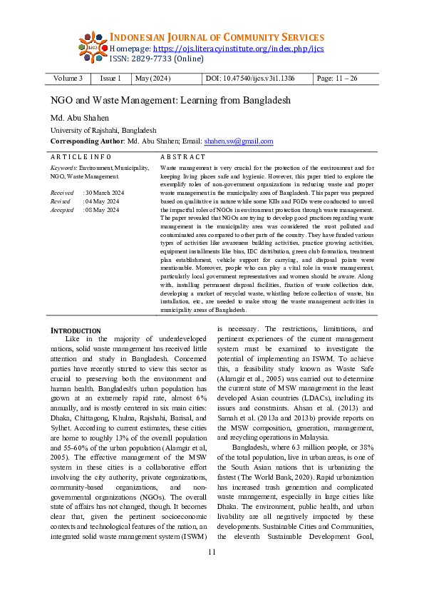 (PDF) NGO and Waste Management: Learning from Bangladesh