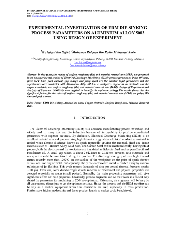 (PDF) Experimental Investigation of Edm Die Sinking Process Parameters on Aluminium Alloy 5083 ...