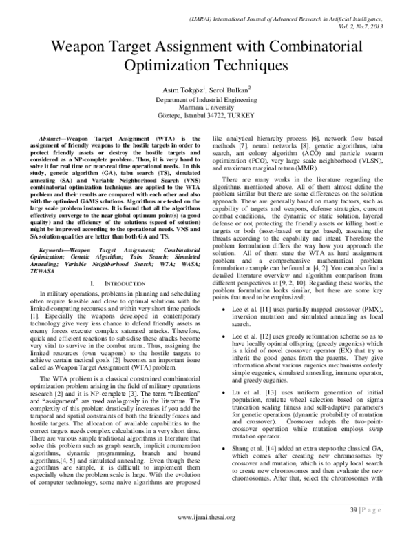 (PDF) Weapon Target Assignment with Combinatorial Optimization Techniques | Serol Bulkan ...
