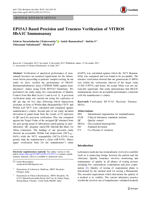 (PDF) EP15A3 Based Precision and Trueness Verification of VITROS HbA1C Immunoassay