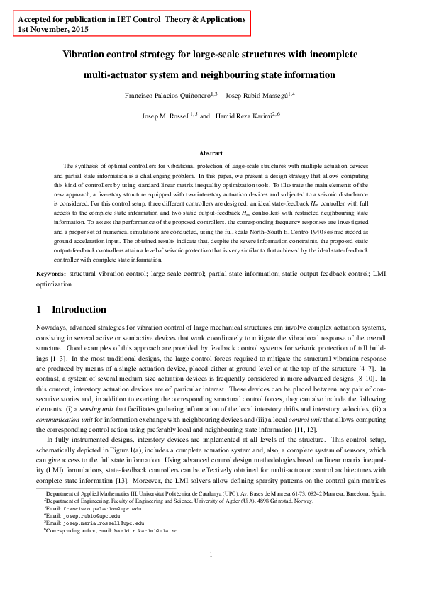 (PDF) Vibration control strategy for large‐scale structures with incomplete multi‐actuator ...