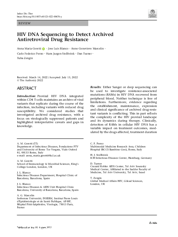 (PDF) HIV DNA Sequencing to Detect Archived Antiretroviral Drug Resistance