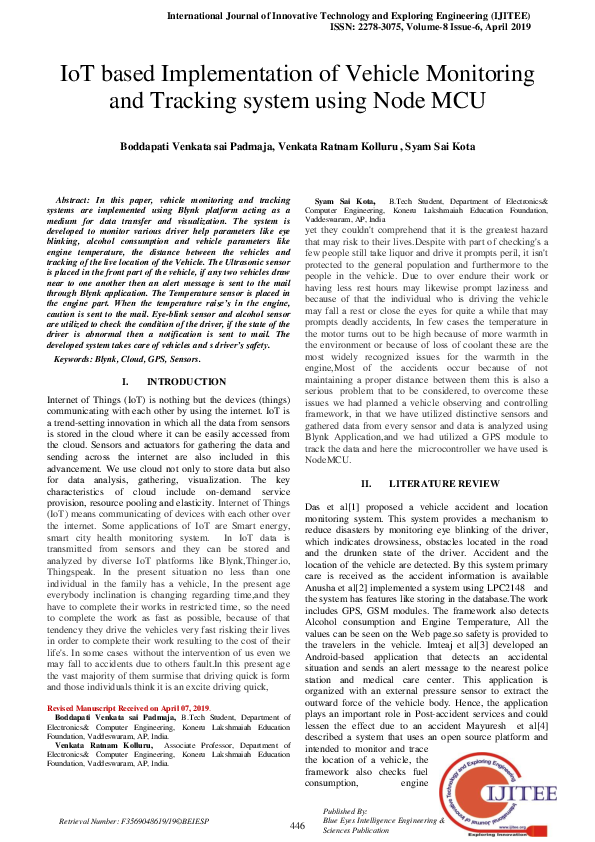 (PDF) IoT based Implementation of Vehicle Monitoring and Tracking ...
