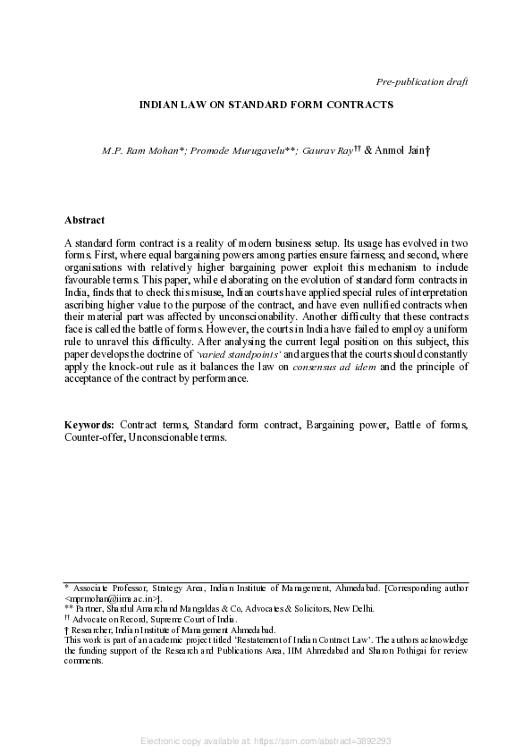 (PDF) Indian Law on Standard Form Contracts