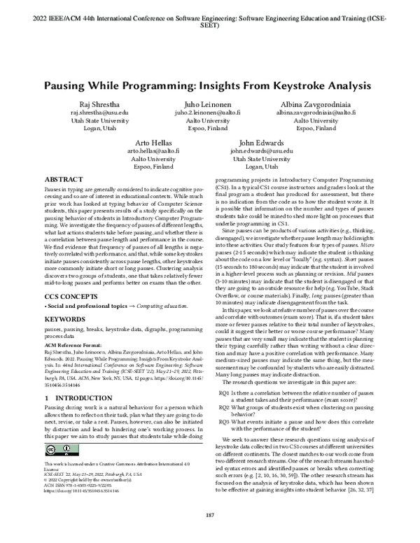 (PDF) Pausing While Programming: Insights From Keystroke Analysis