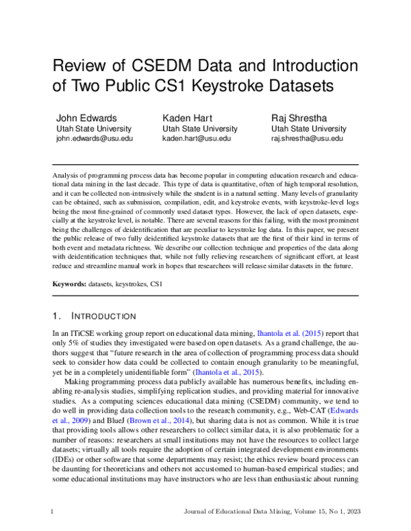 (PDF) Review of CSEDM Data and Introduction of Two Public CS1 Keystroke Datasets