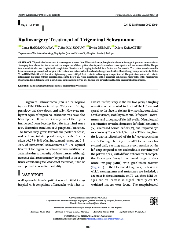 (PDF) Radiosurgery Treatment of Trigeminal Schwannoma