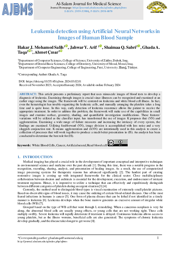(PDF) Leukemia detection using Artificial Neural Networks in Images of Human Blood Sample
