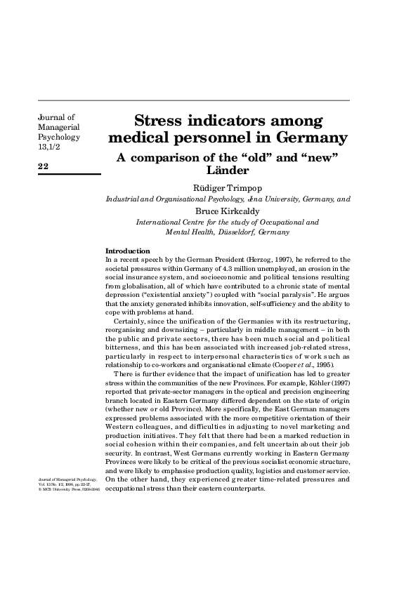 (PDF) Stress indicators among medical personnel in Germany