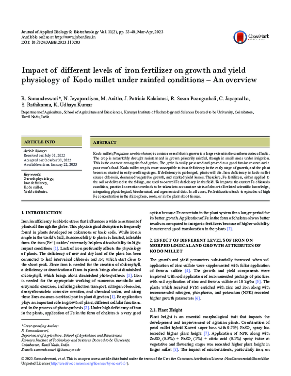 (PDF) Impact of different levels of iron fertilizer on growth and yield physiology of Kodo ...