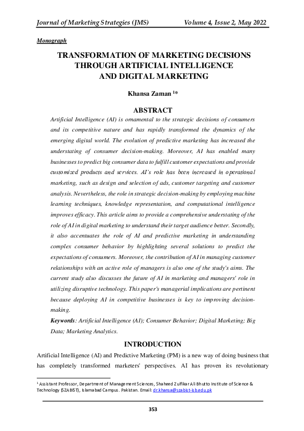 (PDF) Transformation of Marketing Decisions through Artificial ...