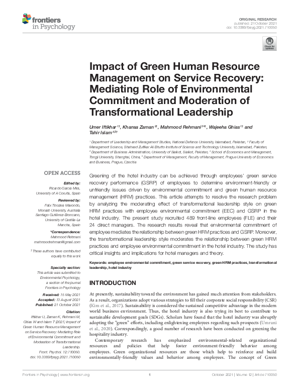 (PDF) Impact of Green Human Resource Management on Service Recovery: Mediating Role of ...