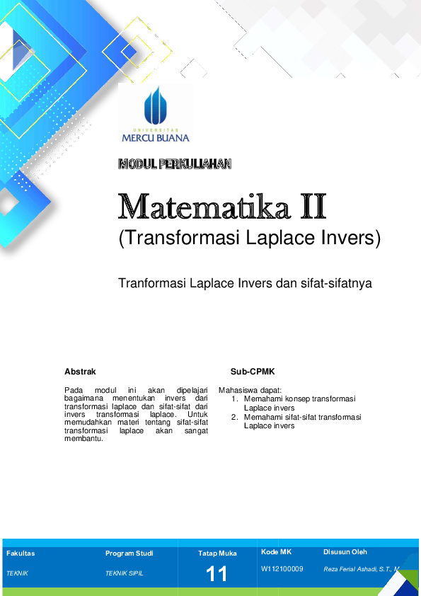 (PDF) Modul 11 MTK 2 Tranformasi Laplace Invers dan sifat-sifatnya