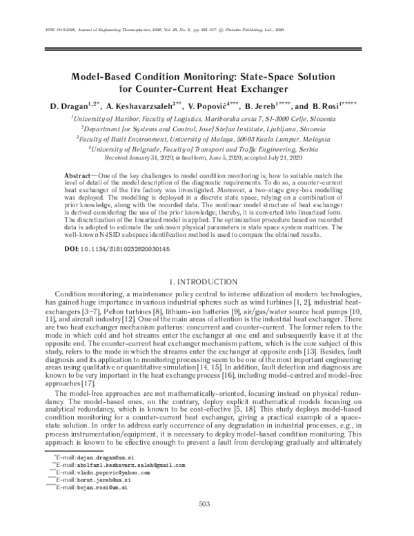 (PDF) Model-Based Condition Monitoring: State-Space Solution for Counter-Current Heat Exchanger
