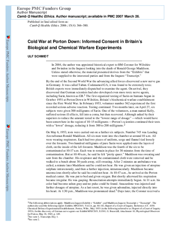 (PDF) Cold War at Porton Down: Informed Consent in Britain's Biological ...