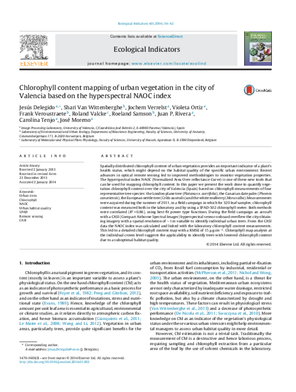 (PDF) Chlorophyll content mapping of urban vegetation in the city of Valencia based on the ...