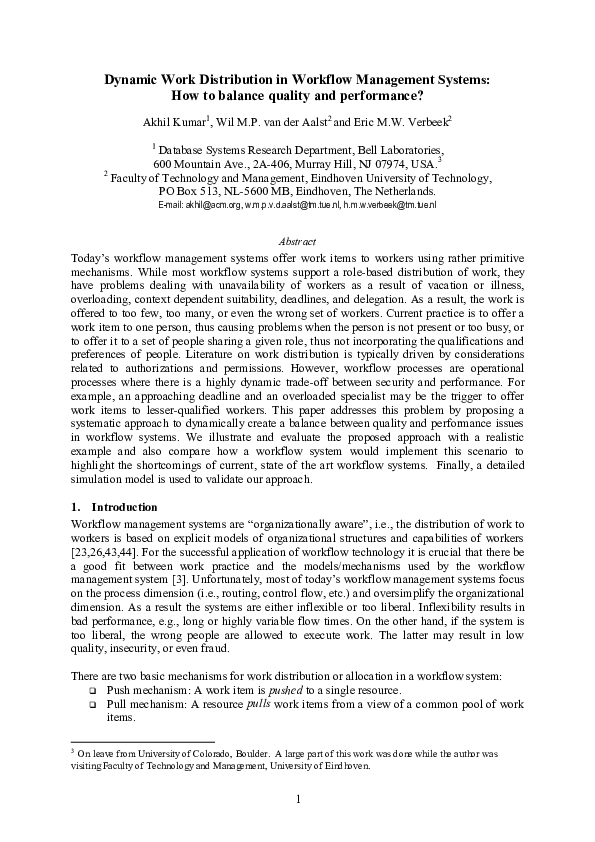 (PDF) Dynamic Work Distribution in Workflow Management Systems: How to Balance Quality and ...