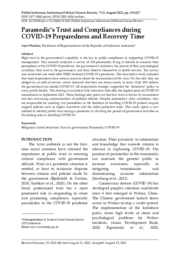 (PDF) Paramedic’s Trust and Compliances during COVID-19 Preparedness ...