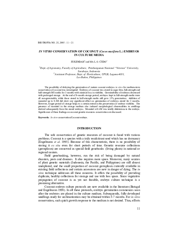(PDF) IN VITRO CONSERVATION OF COCONUT (Cocos nucifera L.) EMBRYOS IN ...