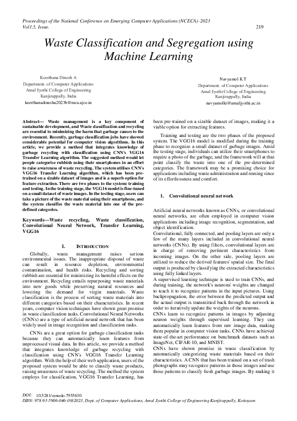 (PDF) Waste Classification and Segregation using Machine Learning