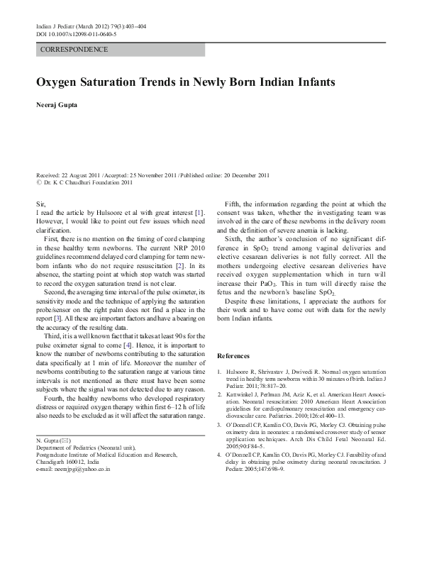 (PDF) Oxygen Saturation Trends in Newly Born Indian Infants