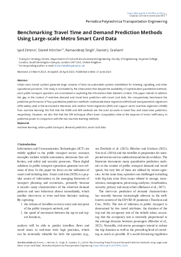 (PDF) Benchmarking Travel Time and Demand Prediction Methods Using Large-scale Metro Smart Card Data