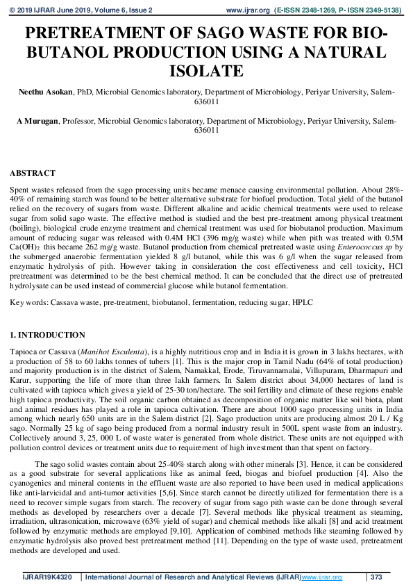 (PDF) PRETREATMENT OF SAGO WASTE FOR BIO-BUTANOL PRODUCTION USING A NATURAL ISOLATE
