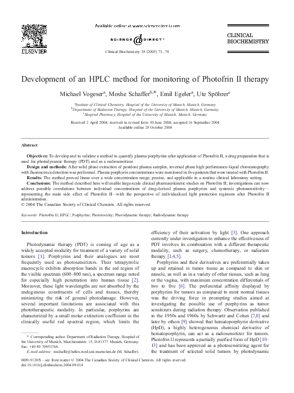 (PDF) Development of an HPLC method for monitoring of Photofrin II therapy