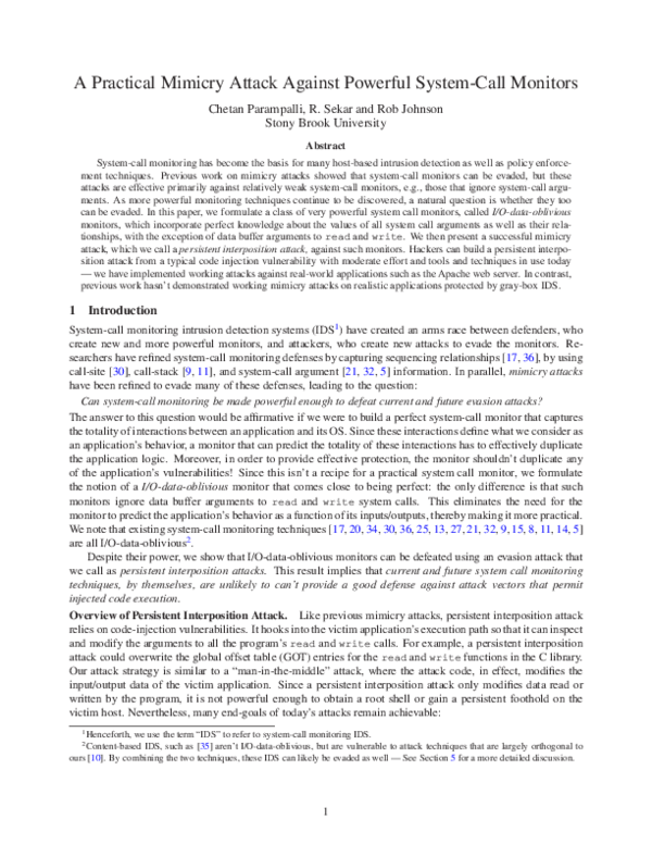 (PDF) A practical mimicry attack against powerful system-call monitors