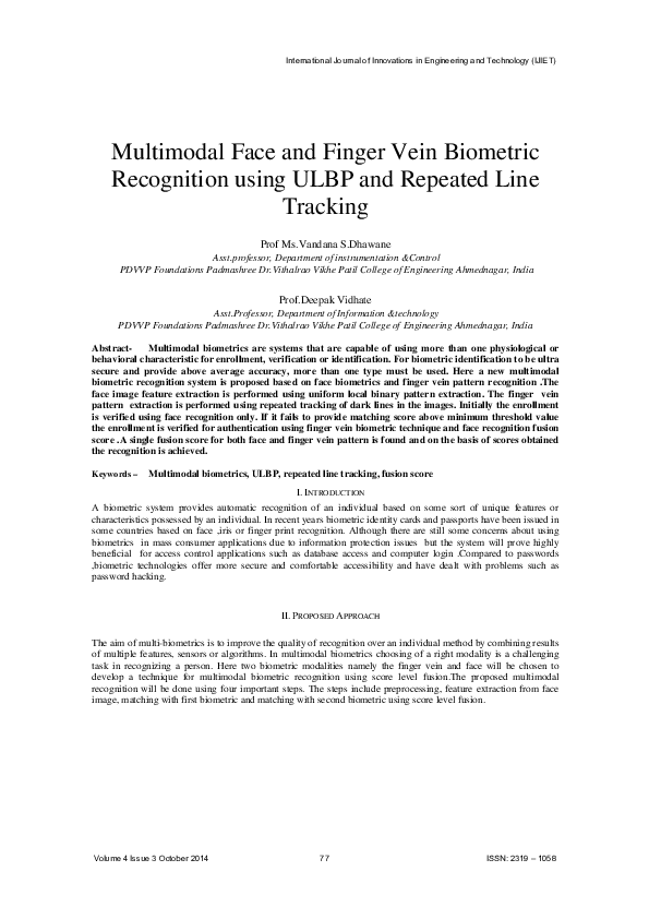Pdf Multimodal Face And Finger Vein Biometric Recognition Using Ulbp And Repeated Line Tracking