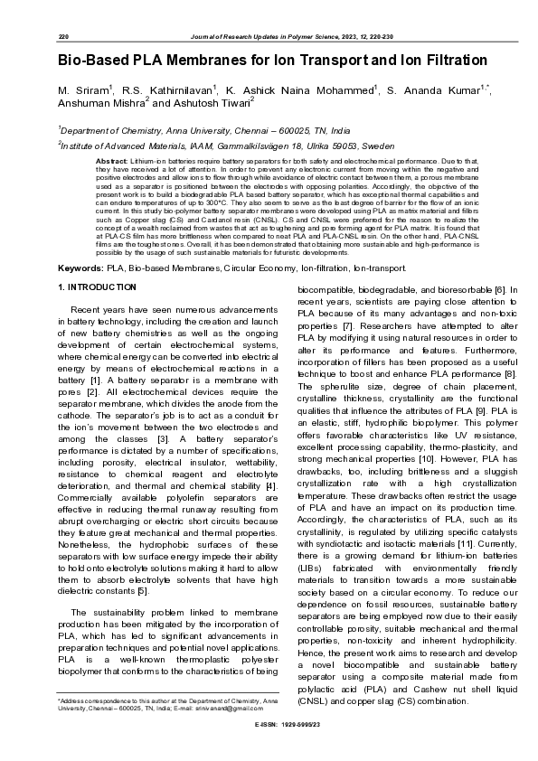 (PDF) Bio-Based PLA Membranes for Ion Transport and Ion Filtration