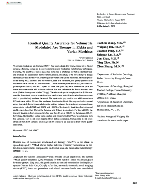 (PDF) Identical Quality Assurance for Volumetric Modulated Arc Therapy in Elekta and Varian Machines