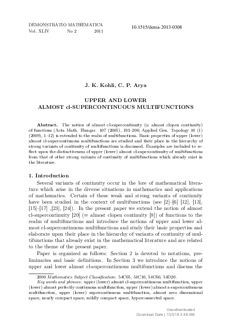 (PDF) Upper and lower almost cl-supercontinuous multifunctions