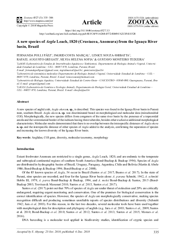 (PDF) A new species of Aegla Leach, 1820 (Crustacea, Anomura) from the ...