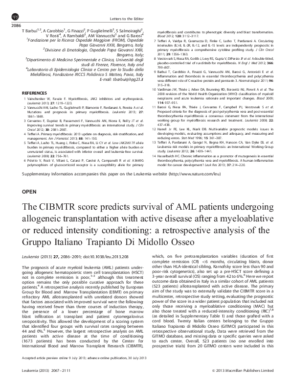 (PDF) The CIBMTR score predicts survival of AML patients undergoing ...