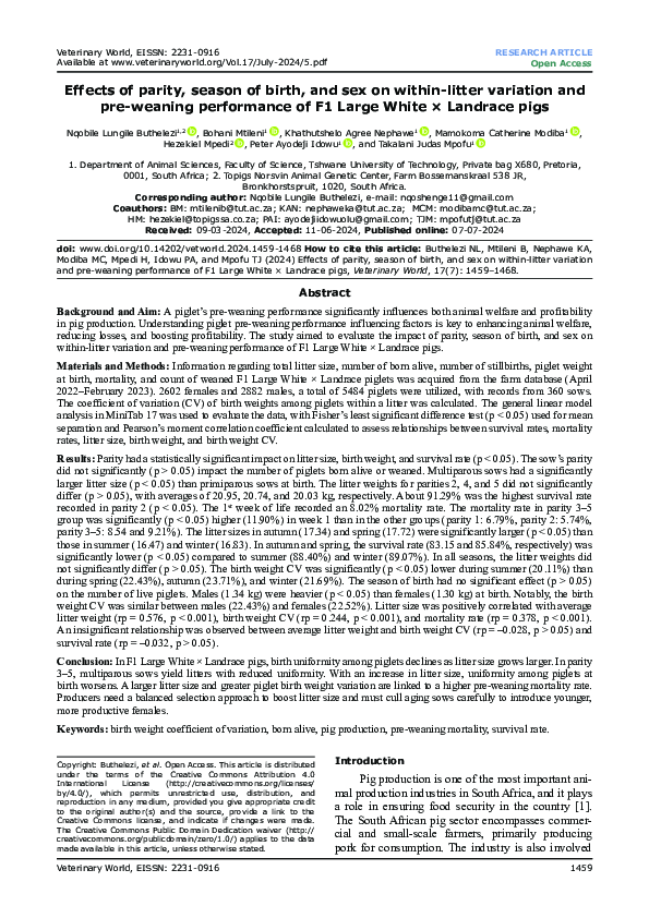 (PDF) Effects of parity, season of birth, and sex on within-litter variation and pre-weaning ...