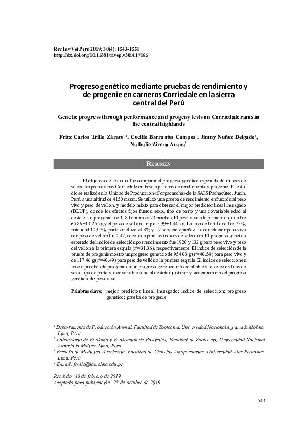 (PDF) Progreso genético mediante pruebas de rendimiento y de progenie en carneros Corriedale en ...