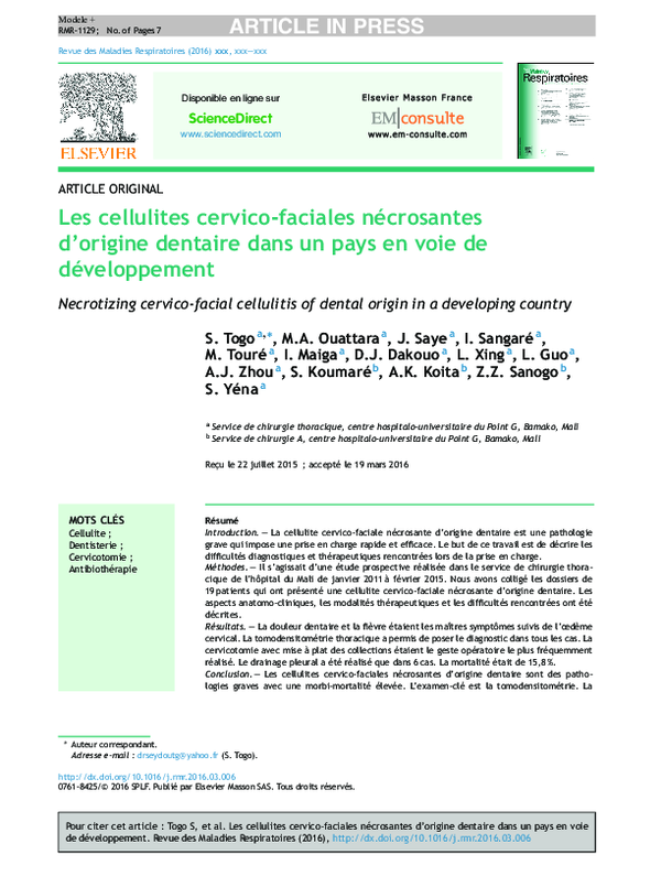 (PDF) Les cellulites cervico-faciales nécrosantes d’origine dentaire ...