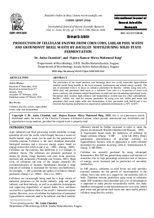 (PDF) Production of Cellulase Enzyme from Corn Cobs, Lablab Peel Waste and Groundnut Shell Waste ...