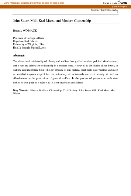 (PDF) John Stuart Mill, Karl Marx, and Modern Citizenship