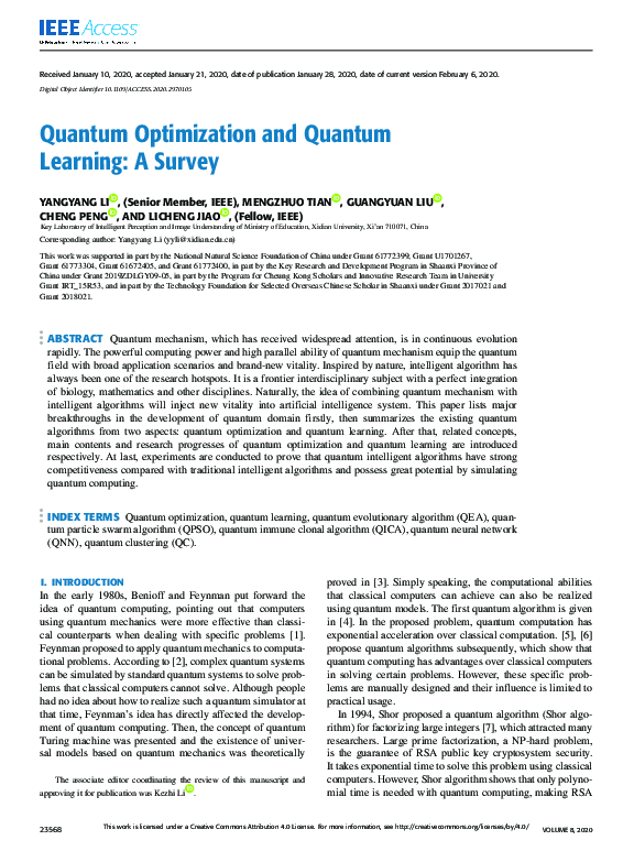 (PDF) Quantum Optimization and Quantum Learning: A Survey